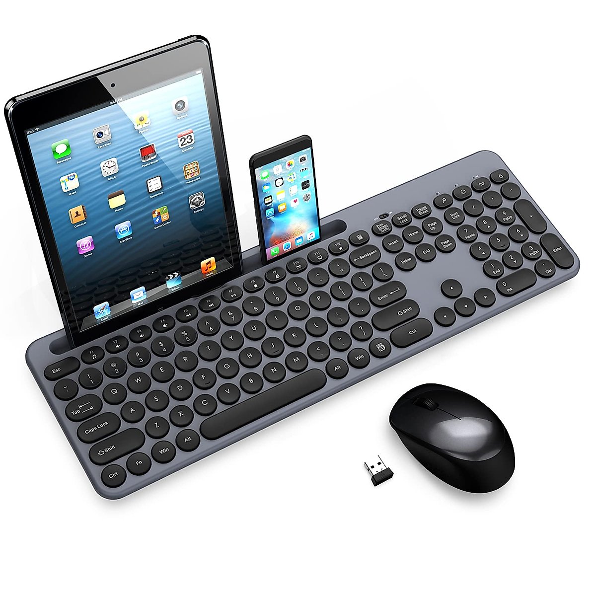 LeadsaiL Wireless Keyboard and Mouse Combo, Full-Sized Ergonomic Computer Keyboard with Phone Tablet Holder, 2.4GHz Silent Cordless Keyboard Mouse Set for Windows Laptop, PC, Desktop - Grey