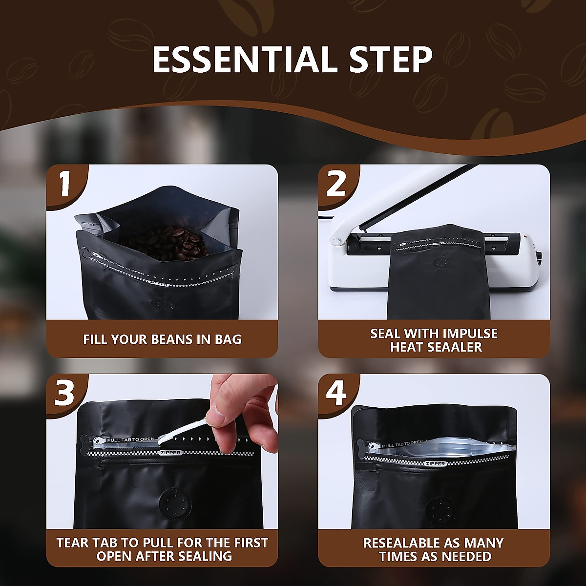 Coffee Bags with Valve - 50 Count Resealable Flat Bottom Pouch - 1 Pound Vented Coffee Packages Bags with Zipper by Absorated