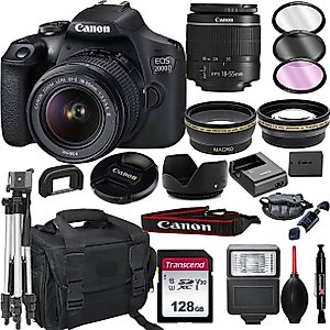 Canon EOS 2000D Rebel T7 DSLR Camera with 18-55mm f/3.5-5.6 Zoom Lens, 128GB Card, Tripod, Flash, and More 20pc Bundle (Renewed)