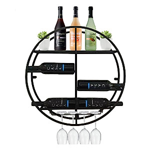 Wall Mounted Wine Rack, Elegant Black Metal Round Wine Glass Holder for Home Bar and Kitchen Décor - Space-Saving Wine Bottle Organizer and Glass Shelf for Parties and Entertaining - 23.6 Inches