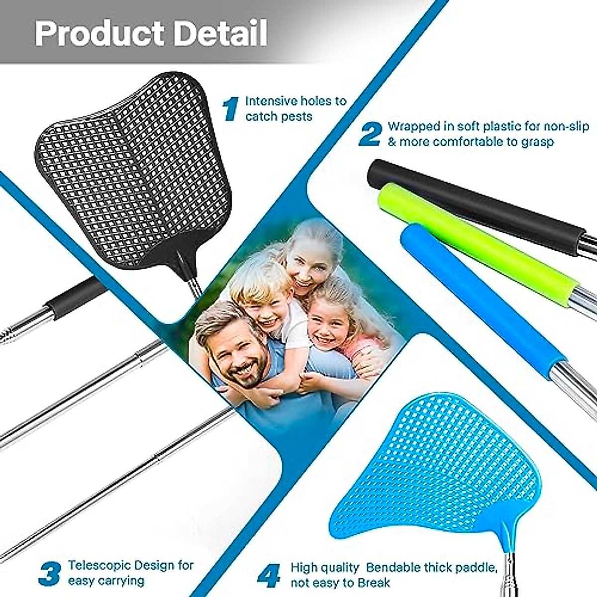 Fly Swatters-Begonia Telescopic Flyswatter Heavey Duty Set with Stainless Steel Extendable Handles for Indoor/Outdoor/Classroom/Office (3 Pack)