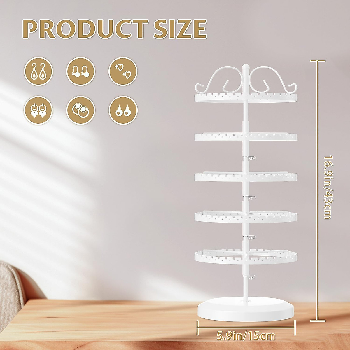 LASZOLA 5 Tiers Metal Earring Holder Organizer, Stable Rotating Jewelry Display Stand for Women Girls, 400 Holes and Grooves Earring Spin Table Rack Tower Tree for Necklace Bracelet Ring - White