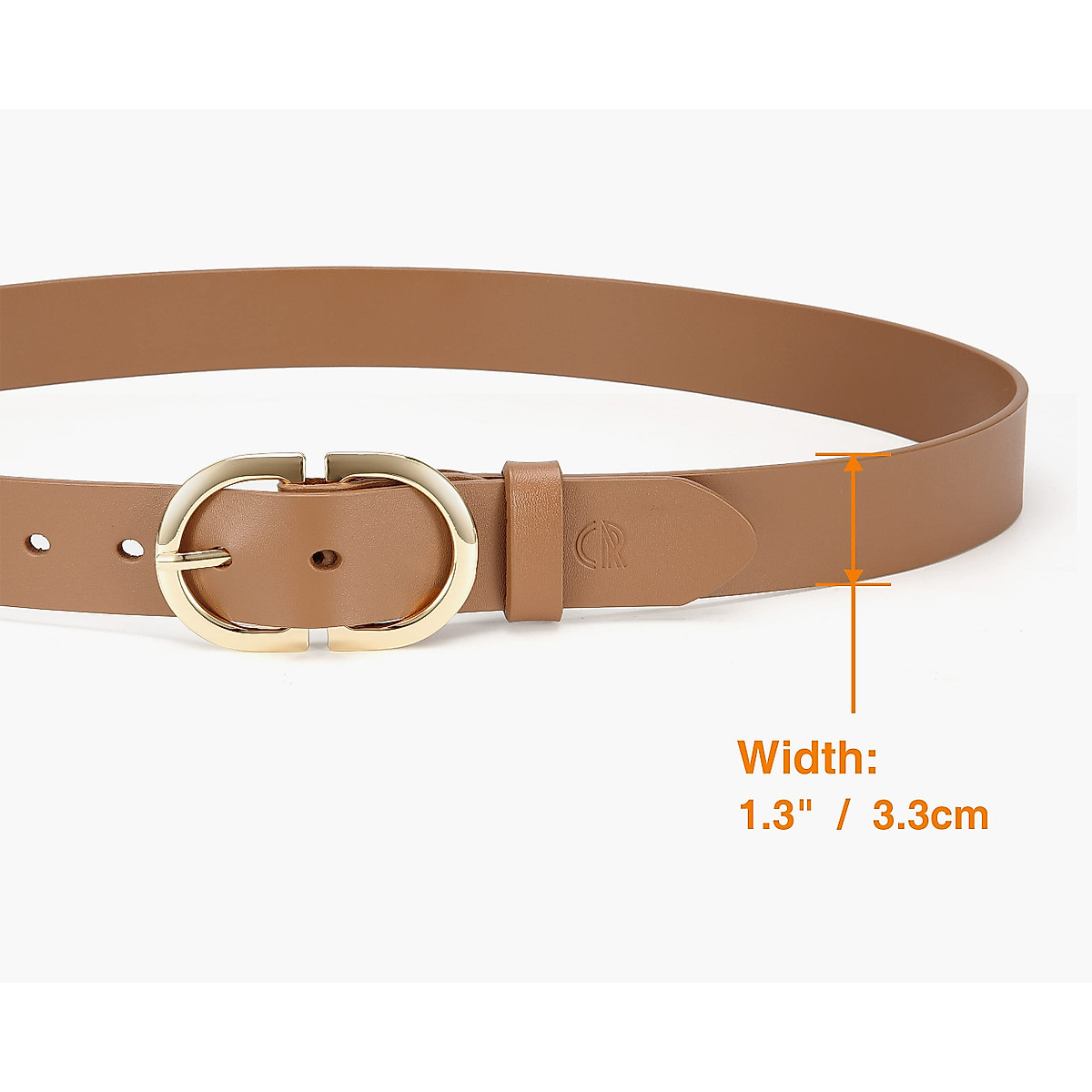 CR Womens Brown Leather Belts for Jeans Pants - 1.3" Width Casual Ladies Tan Belt - Fashion Center Bar Gold Buckle