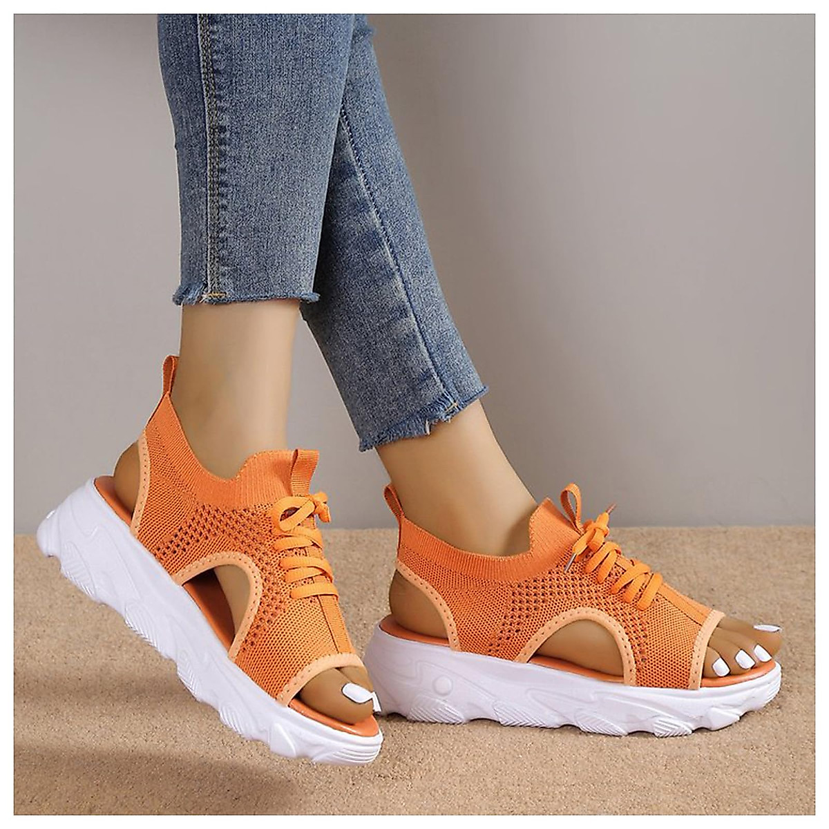 YChao Women's Lace Up Muffin Sandals, Orthopedic Sandals for Women, 2024 Summer Mesh Open Toe Platform Wedge Sandals Causal Walking Sandals,Orange,US10/EU42
