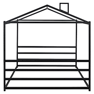 Queen Size House Bed, Metal Montessori Floor Beds for Kids, Steel Cabin/Tent/Canopy Bed Frame for Girls Boys Teens Adults, Black
