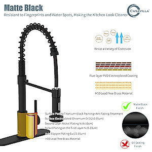 Casavilla Kitchen Faucet Set, Black Kitchen Sink Faucets with Pull Down Sprayer and Soap Dispenser, Single Handle Stainless Steel Faucets for Kitchen Sinks, Farmhouse Kitchen Faucets with Deck Plate