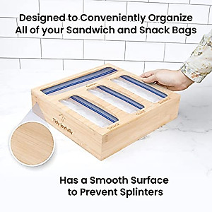 Bamboo Ziplock Bag Storage Organizer for Drawer and Wall-Mount; Gallon, Quart, Sandwich and Snack Plastic Bag Organizer; 4 Compartment Kitchen Drawer Organization and Storage for Baggies