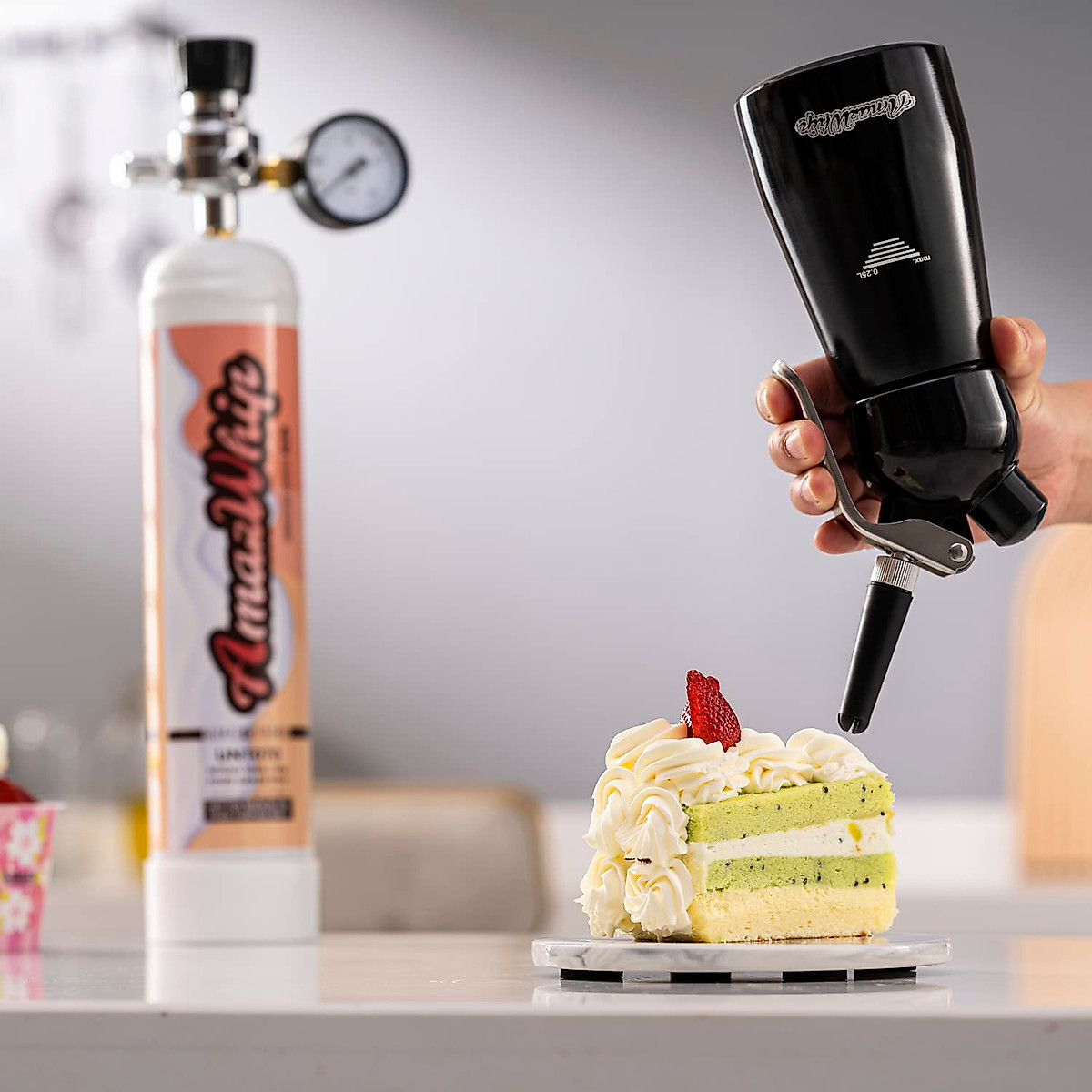 250ML AmazWhip Cream Dispenser For All Cold Applications-Durable Aluminum Alloy Cream Whipper With 3 Decorating Nozzles & 1 Cleaning Brush (Black)