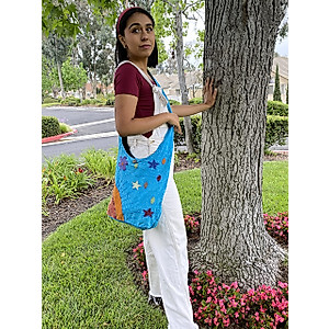 Elements of Nature Bohemian Hand-Stitched Hippie Hippy Shoulder Crossbody Monk Handbag in Blue Large