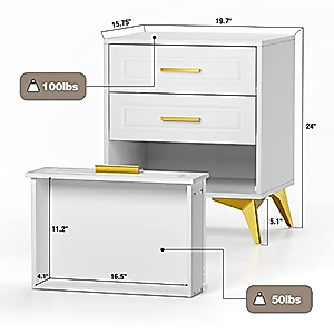 Giluta 3 Drawers Nightstand, Modern Bedside Table with Solid Metal Legs & Handles, White Gold Wood Chest of Drawers, Sofa End Side Table for Bedroom Living Room Hallway, 15.75" D x 19.7" W x 24" H