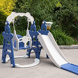 3-in-1 Kids Slide for Toddlers Age 1-3 Slide and Swing Set,Indoor Playground for Children,Freestanding Outdoor Slides with Basketball Hoop,Outside Climber Playhouses,Baby Climbing Toys Blue