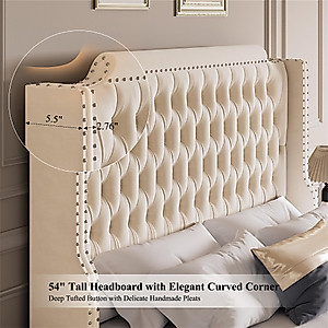 HOSTACK King Size Platform Bed Frame with 54" Tall Wingback Headboard & Deep Button Tufted Footboard, Velvet Upholstered Bed Frame with Handmade Pleats, Nailhead Trim, No Box Spring Needed, Cream