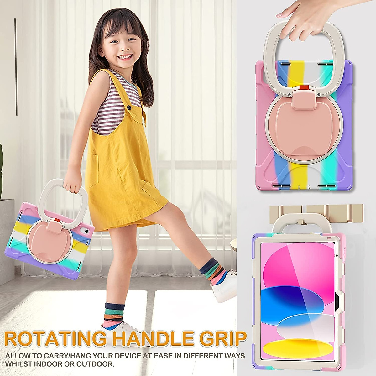 SCSVPN Case for iPad 10th Generation 2022 10.9 inch with Rotating Stand-Handle Grip-Shoulder Strap-Pencil Holder, Shockproof Kids Girls Women Cover for iPad 10 Case A2696 A2757 A2777 (Rainbow Pink)