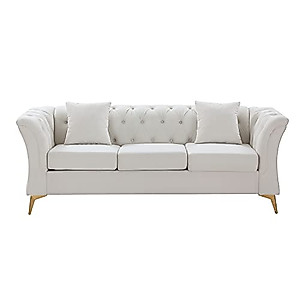 HomSof Sofa Beige Modern Chesterfield Curved 3 Seat Button Tufed Velvet Couch with Scroll Arms and Gold Metal Legs