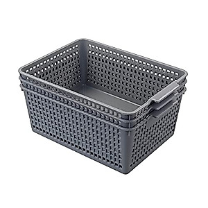 Tstorage 3-Pack Plastic Storage Baskets, Gray Large Storage Bin