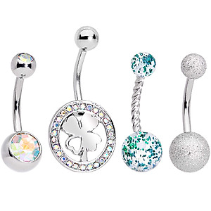 Body Candy 4PC Shamrock Variety Bonus Pack Stainless Steel Belly Button Rings 14G Navel Piercing