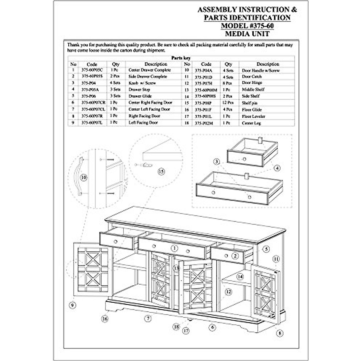 Jofran 375-60 Craftsman 60" Media Unit, 60"W X 19"D X 32"H, Earl Grey Finish, (Set of 1), 60''