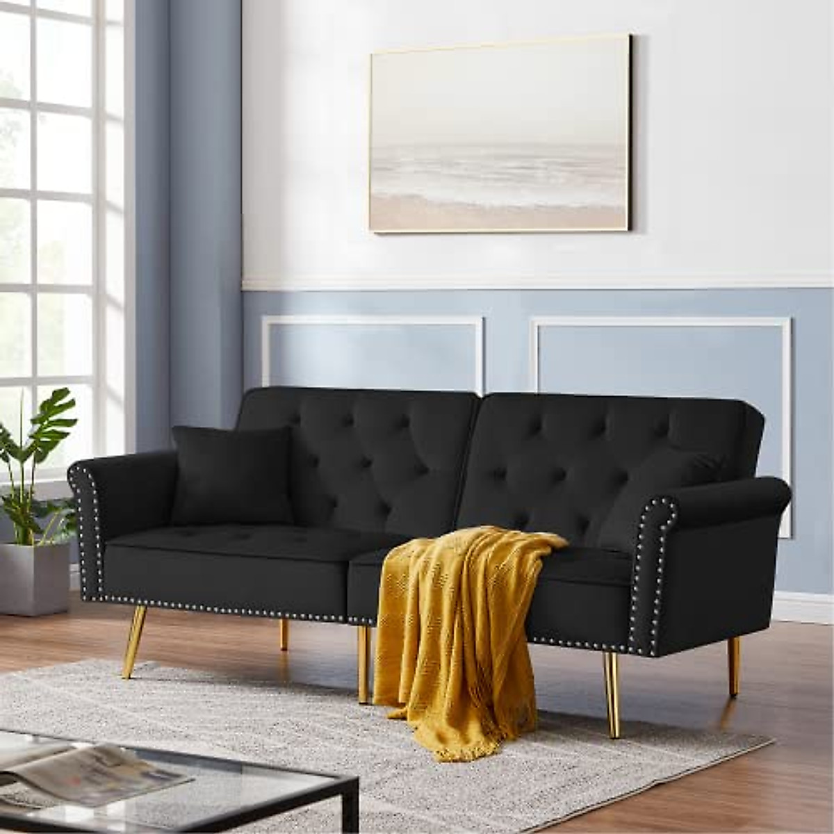 SZLIZCCC 76.7" Velvet Futon Sofa Bed, Copper Nail Decoration Accent Sofa, Convertible futon Couch, backrest can be Adjusted at Three Angles, Sleeper Sofa, Bed Size-Twin.(Black)