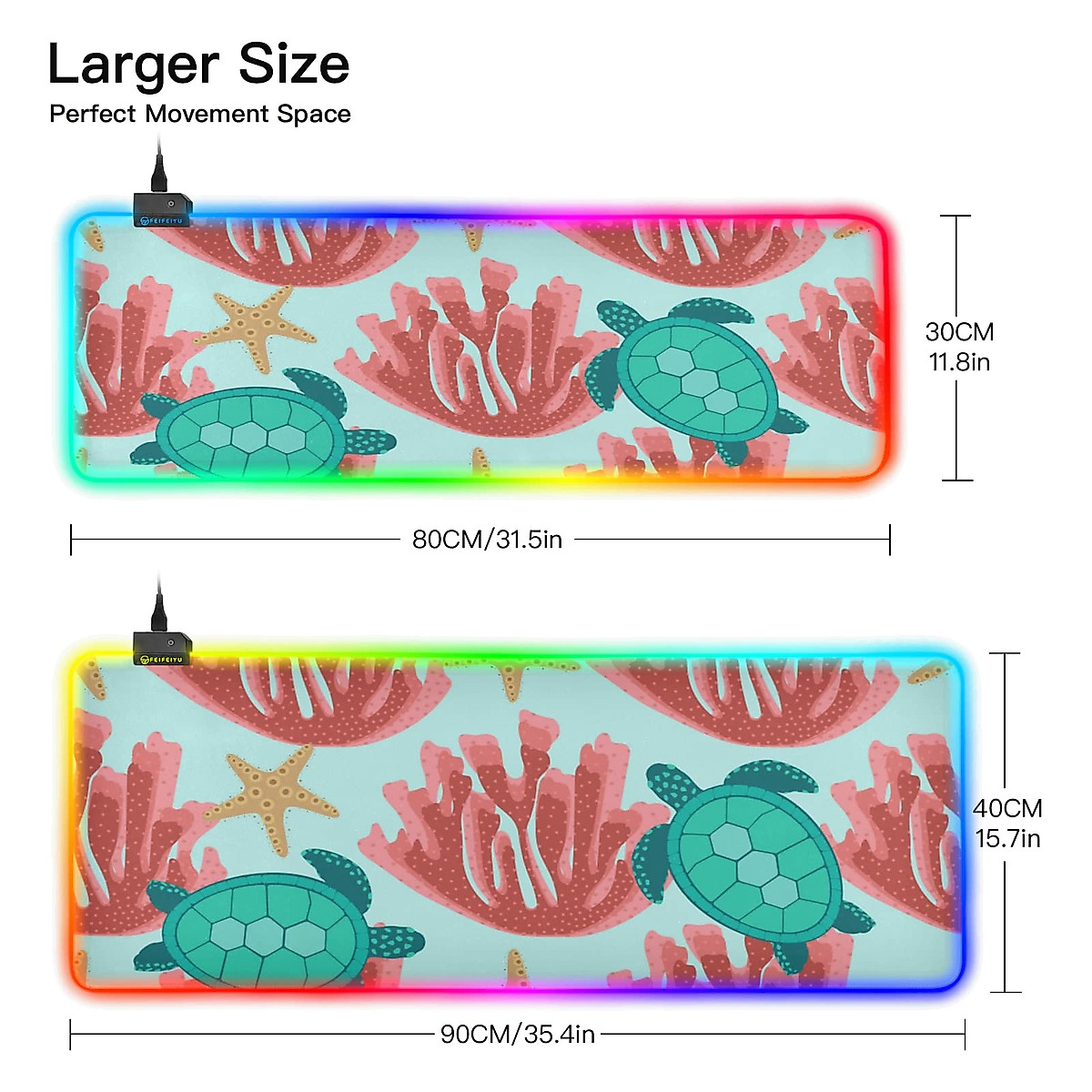 Large RGB Gaming Mouse Pad Pattern Turtles Sea Stars Corals Wallpapers Glowing Extended Mousepad 35.4x15.7in, Soft Anti-Slip Rubber Base Luminous Mouse Mat for Pc Laptop, Gaming, Office, Home