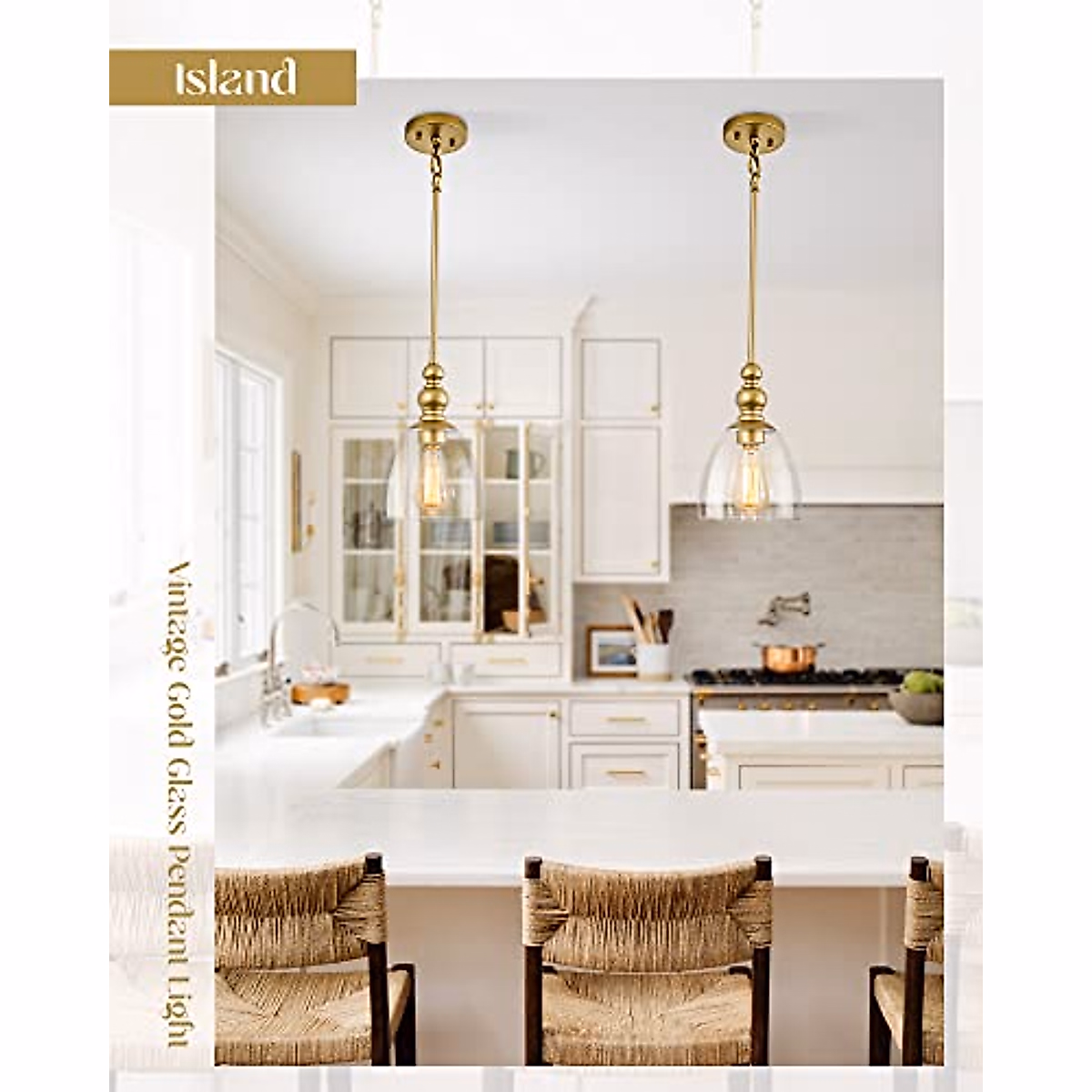 HANASS Pendant Lights, Brushed Gold Pendant Lighting for Kitchen Island, Clear Glass Pendant Light Fixtures, Hanging Light Fixtures with Adjustable Height, MD89426-A