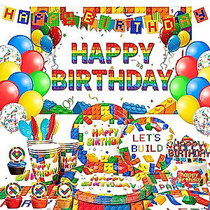 Building Blocks Birthday Party Supplies,114pcs Building Block Party Decorations&Building Blocks Tableware Set - Building Blocks Party Plates Napkins Backdrop Balloons etc Building Block Party Supplies