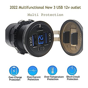 Dual USB Quick Charge 3.0 Port & PD USB C Car Charger Socket, 12V USB Outlet with Voltmeter and Power Switch for Car Boat Marine Truck