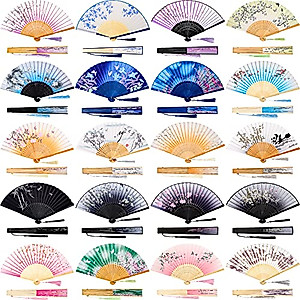 20 Pcs Floral Hand Fan Chinese Vintage Style Folding Fan Silk Handheld Fan Foldable Bamboo Framed Foldable Fan Fabric Silk Fans with Elegant Tassel Decorative Folding Fans for Women Wedding Party