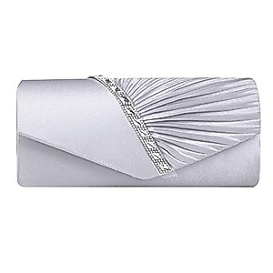 Goclothod Evening Clutch Handbag Women Fashion Pleated Crystal-Studded Crossbody Shoulder Bag Chain Clutch Purse (Silver)