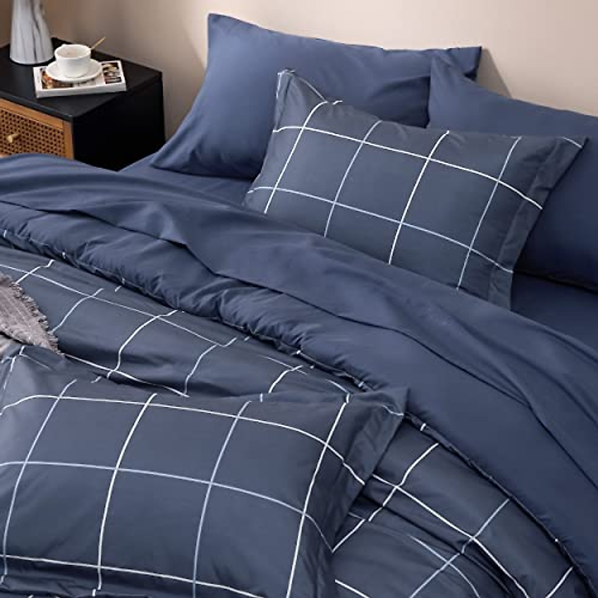 Bedsure Twin Comforter Set - 5 Pieces Navy Blue Grid Bedding Sets Twin Bed in A Bag with Comforters Twin Size, Sheets, Pillowcase & Sham, Bed Sets