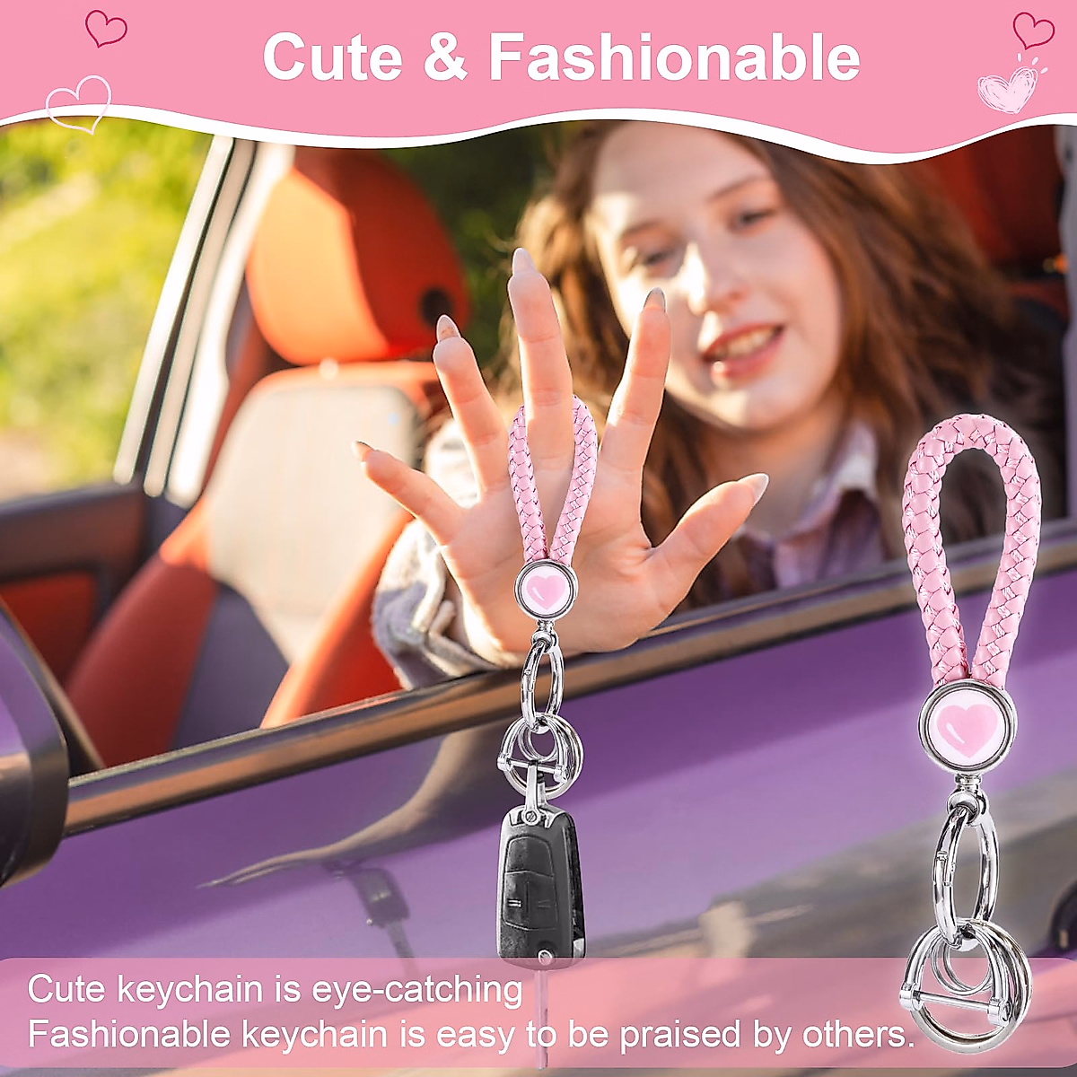 Weixiltc Braided Rope Keychain, Car Key Chain Holder with 4 Key Ring and Anti-Lost D Ring, Personalized Gift for Women (Pink)