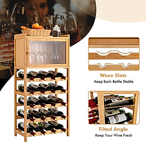 GOFLAME Floor Bamboo Wine Rack Cabinet, 20 Bottles Freestanding Wine Bottle Organizer with Glass Holder and Large Tabletop, Wine Display Storage Shelves for Dining Room, Kitchen, Pantry, Cellar, Bar