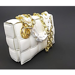 MariaKinz VEGAN Leather Woven Crossbody/Shoulder Handbag Purse for Women, With Matching Acrylic Tote Handle (White)