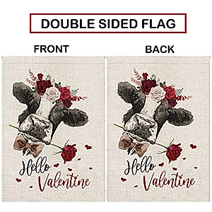 Welcome Valentine's Day Garden Flag Cow Rose Flower 12.5 x 18 Inch Vertical Double Sided Flag Holiday Outside Yard Decoration Anniversary Wedding Farmhouse Valentines Day Decor