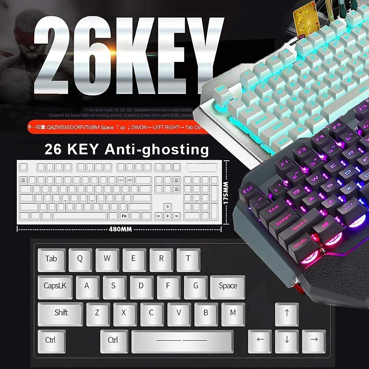 Wireless Keyboard and Mouse,Blue LED Backlit Rechargeable Keyboard Mouse with 3800mAh Battery Metal Panel,Removable Hand Rest Mechanical Feel Keyboard and 7 Color Gaming Mute Mouse for PC Gamers