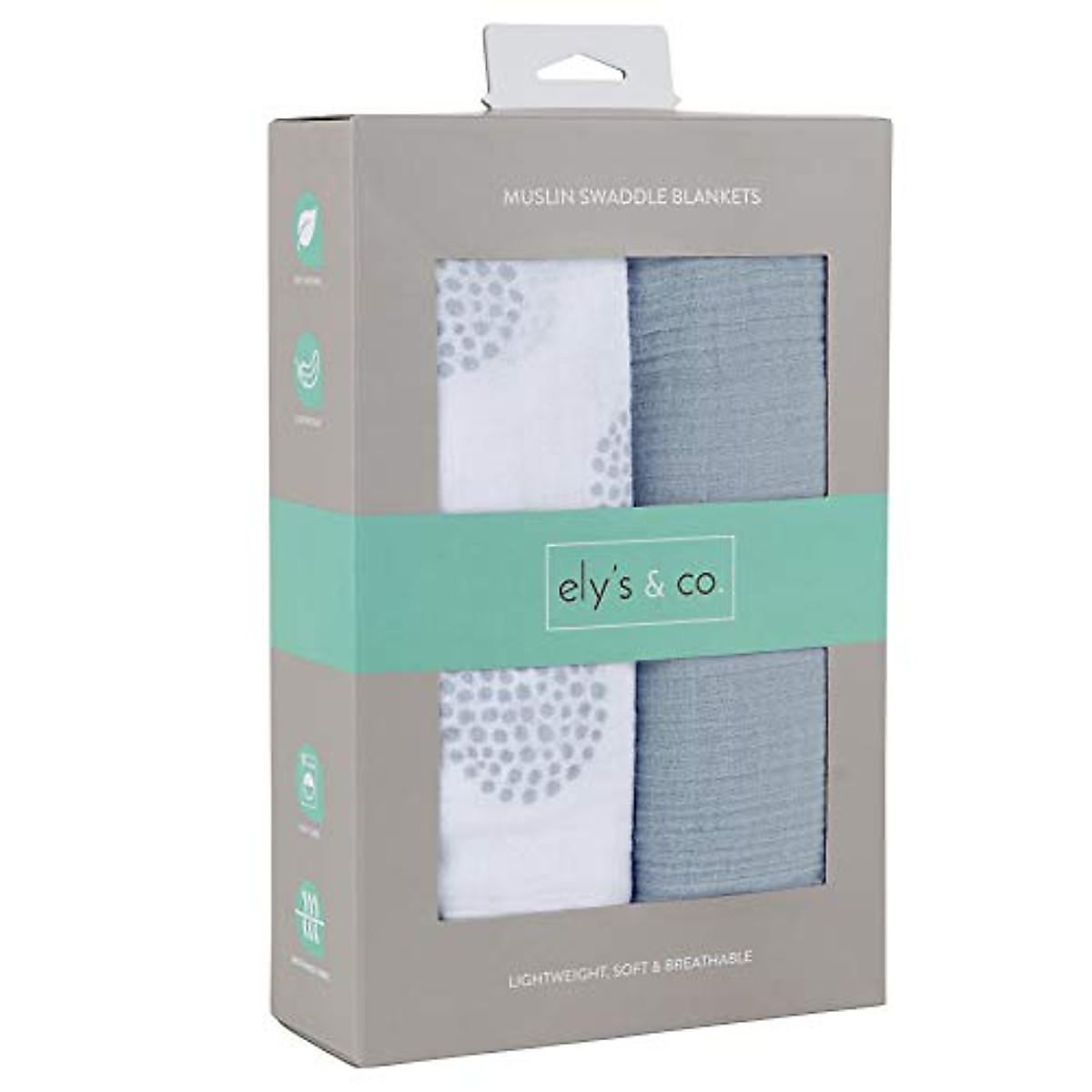 Ely's & Co. Cotton Muslin Swaddle Blanket 2-Pack for Baby Boy — 100% Cotton Muslin Extra-Large Swaddle Blankets (47” x 47”) Misty Blue, Solid & Dottie Design