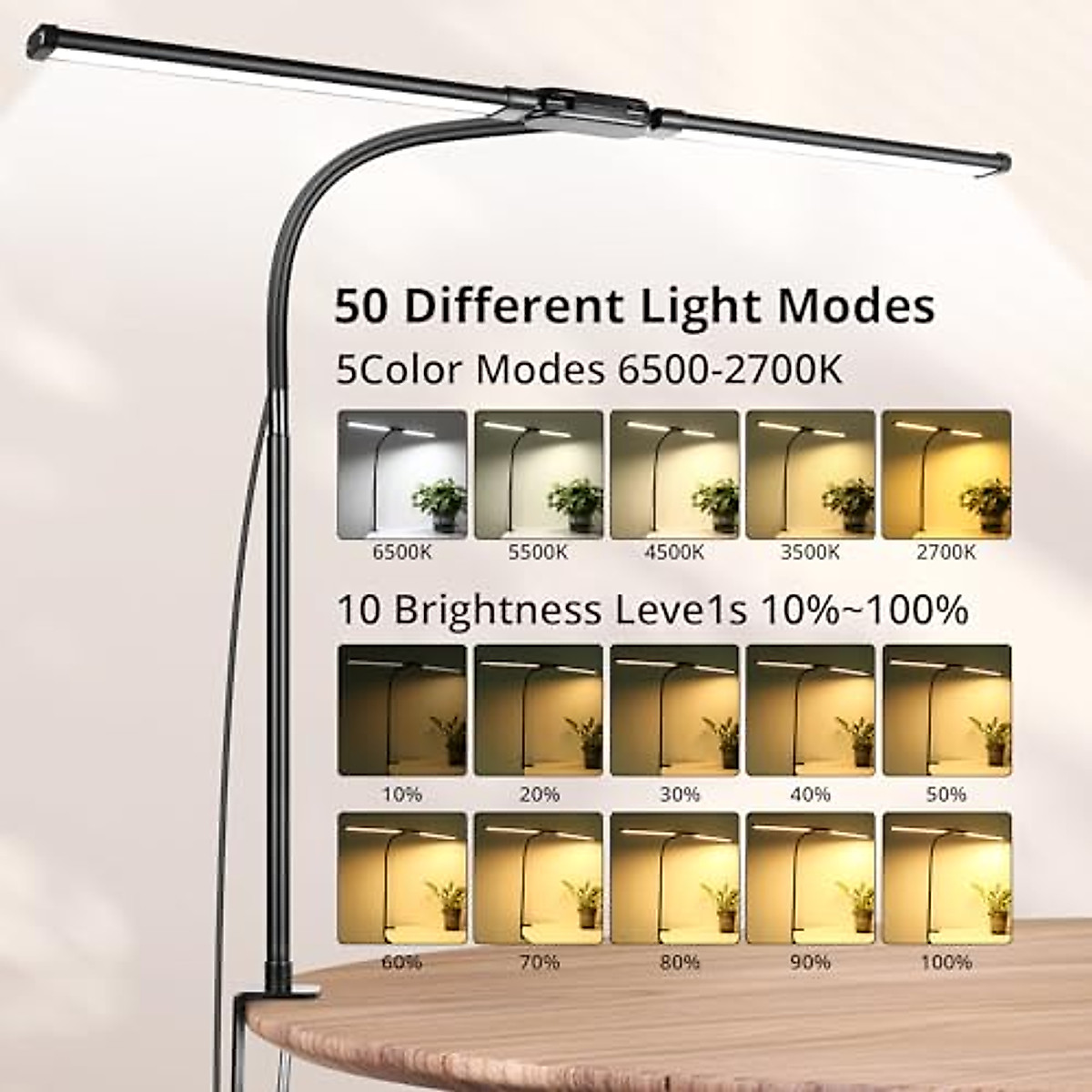 Woputne Desk Lamp Clamp Light, Dual Head, Long Clip Light, 3 Modes x 10 Brightness, 10W 860lumen, Office Clamp Task Table Lamp, Black