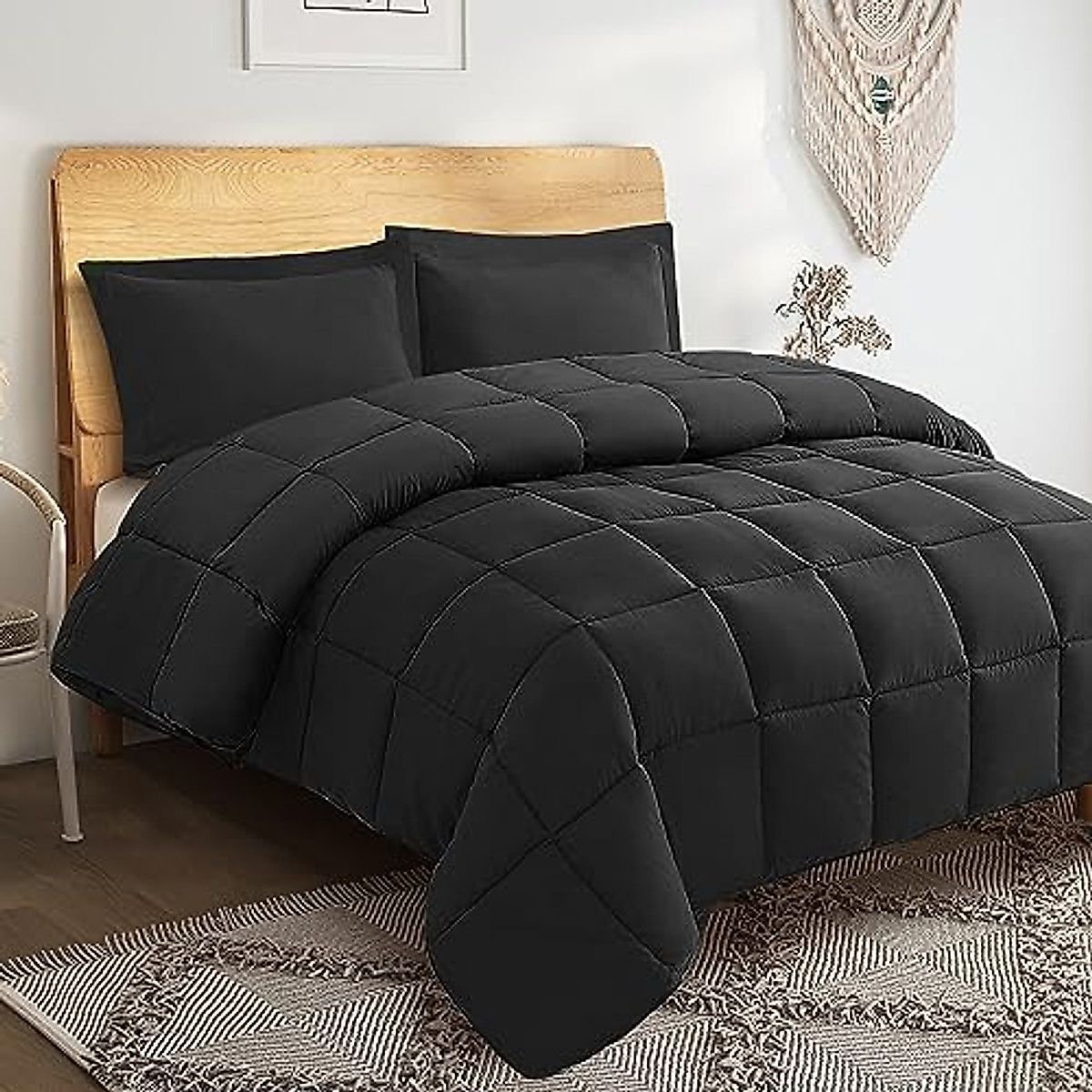 ZHGANLO Queen Comforter Set -3 Pieces Black Comforter Set for Queen Size Bed, Quilted Bedding Sets Queen for All Season, Bed in a Bag with 1 Comforter and 2 Pillowcases