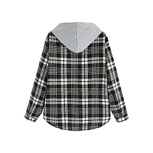 SweatyRocks Women's Long Sleeve Plaid Hoodie Jacket Button Down Blouse Tops Black White Medium