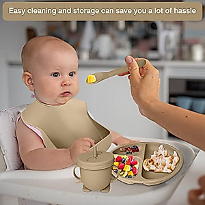 mutualproducts - Baby Feeding Set 10-Piece | Baby Led Weaning Utensils Set Includes Suction Bowl and Plate, Baby Spoon and Fork, Sippy Cup with Straw and Lid | Baby Feeding Supplies Set (B-Beige)