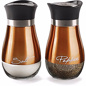 Circleware Cafe Contempo Elegant Glass Salt and Pepper Shakers Dispenser, Clear Bottom Jar Bottle Container with Stainless Steel Top, Perfect for Himalayan Seasoning Herbs Spices, 4.4 oz, Copper