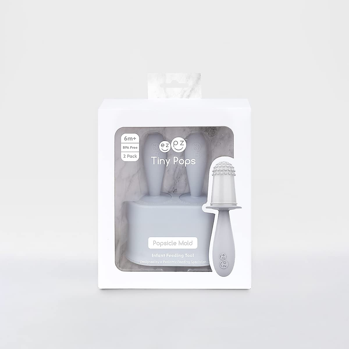 ezpz Tiny Pops (Pewter) - Popsicle Mold Set with Wands for Infants 4 Months + - Two Pack - Baby Essentials - Teething Relief
