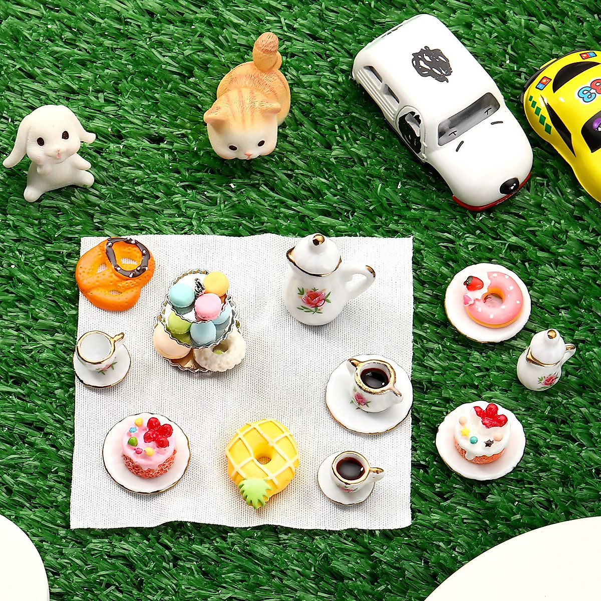 40 Pcs 1:12 Scale Dollhouse Miniature Kitchen Accessories Set Includes 15 Flower Pattern Porcelain Tea Cup 24 Mixed Pretend Cake Foods 1 Mini Three-Tier Cake Stand for Decor Supply (Sweet Style)