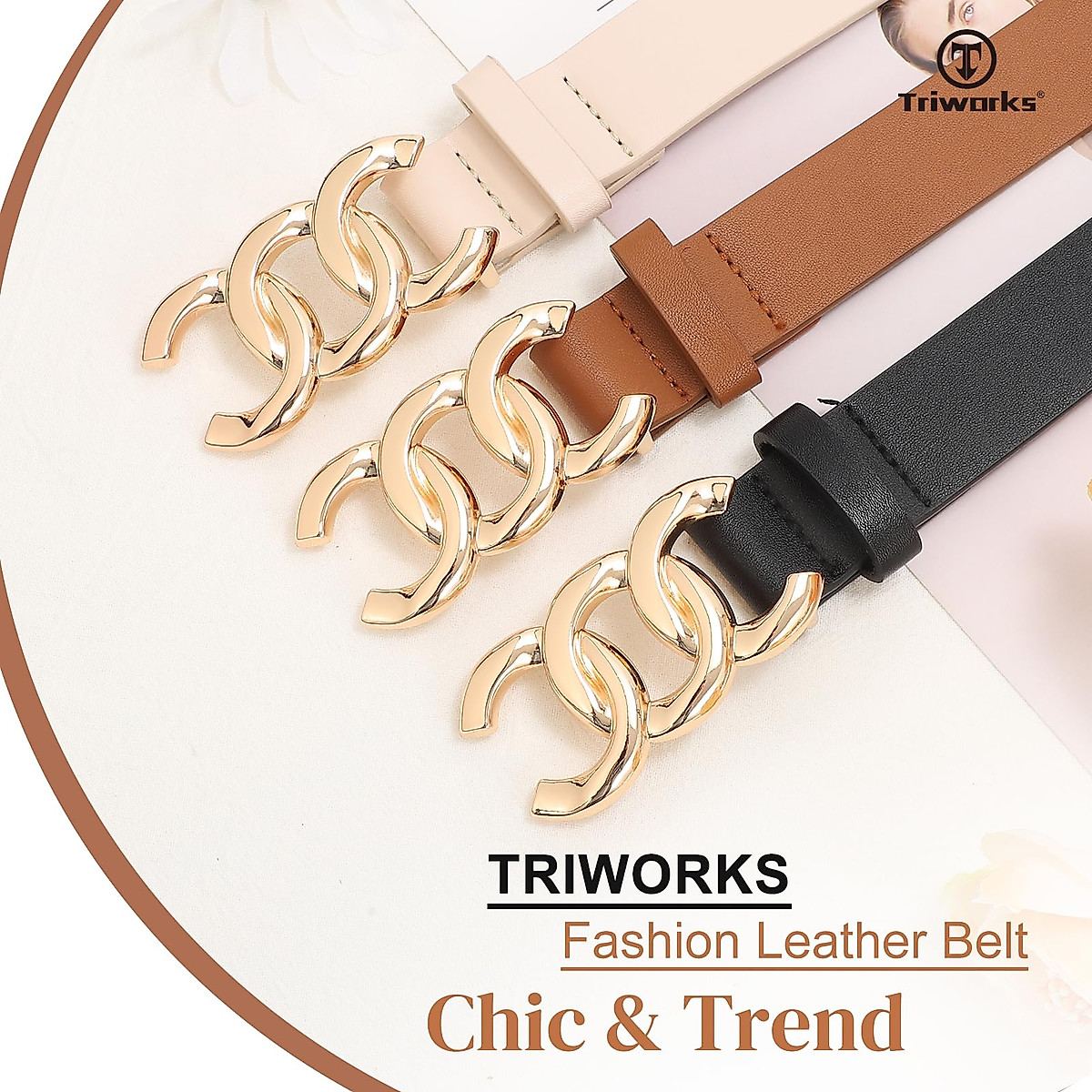 TRIWORKS 3 Pack Women's Belts for Jeans Pants Fashion Waist Belts for Ladies Leather Belt with Gold Buckle