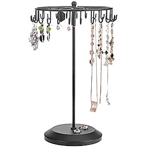 MyGift 14-Inch Black Metal Rotating Bracelet and Necklace Jewelry Tower with 24 Hooks and Round Base, Accessories and Keychain Holder Display Stand