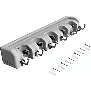 Stalwart Garden Tool Organizer Wall Mount Broom and Mop Holder, 5 Adjustable Slots and 6 Hooks Utility Rack for Garage or Home Organization