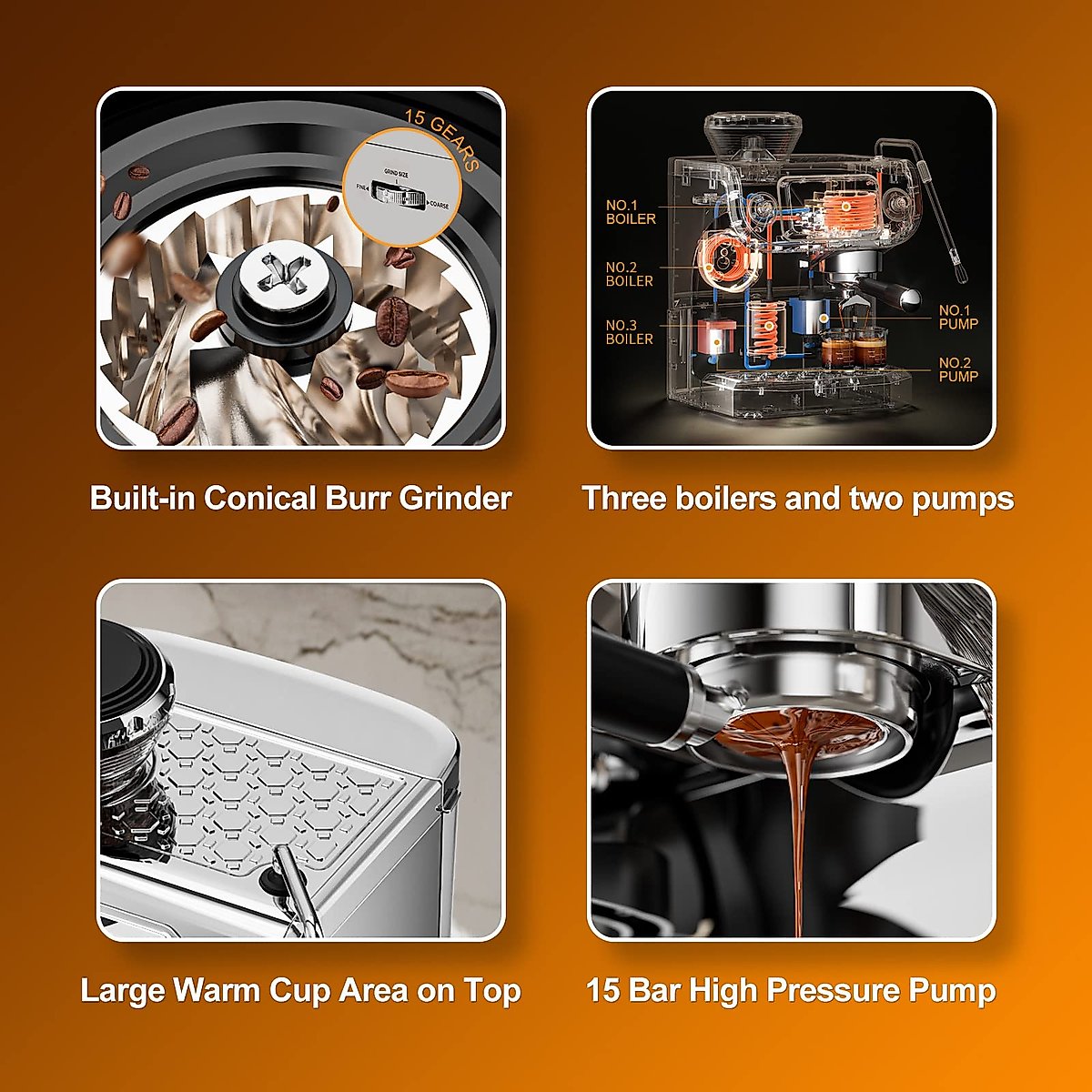 Mcilpoog TC530 Espresso Machine with Milk Frother，Semi Automatic Coffee Machine with Grinder,Easy To Use Espresso Coffee Maker with 5.5 inch Large Screen,15 Bar Pressure Pump,PID Temperature Control.