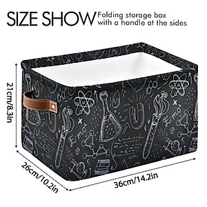 White Science Lab Objects Doodles on Chalkboard 1 PC Rectangle Storage Basket Collapsible Fabric with Leather Handles Bag Organizer Clothes for Home Bedroom 15 x 11 x 9.5 in