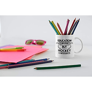 Funny Education Is Important But Hockey Is Importanter 11 oz Coffee Mug. Gift Idea For Players or Sports Fan. (White)