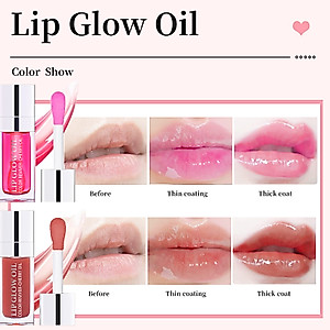 2pcs Hydrating Lip Glow Oil Set Pink Tinted Plumping Lip Care Gloss Balm Big Applicator Clear Transparent Toot Nourishing Non-sticky Moisturizing Glitter Primer for Dry Lip Raspberry& Rosewood