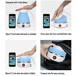 Foldable Electric Travel Kettle - Portable and Convenient Silicone Collapsible Water Boiler and Tea Pot for Camping - Easy Storage with Detachable Power Cord （Blue）